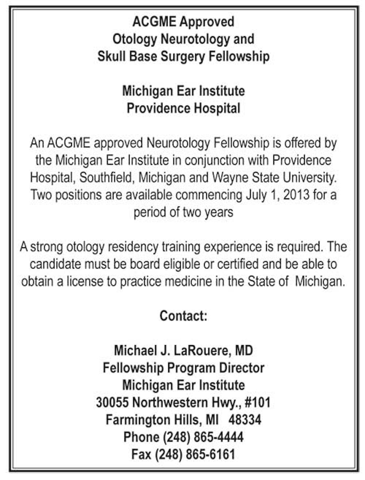Michigan Ear Institute | AAO-HNS Bulletin
